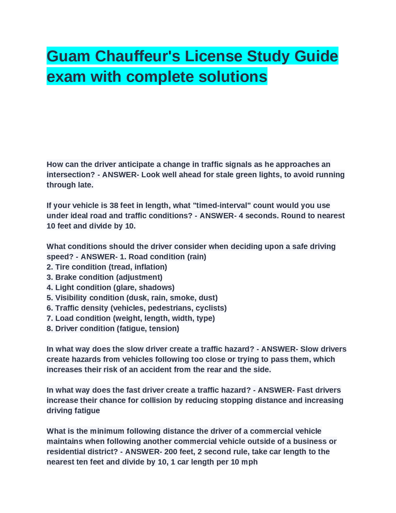 Guam Chauffeur's License Study Guide exam with complete solutions.docx ...