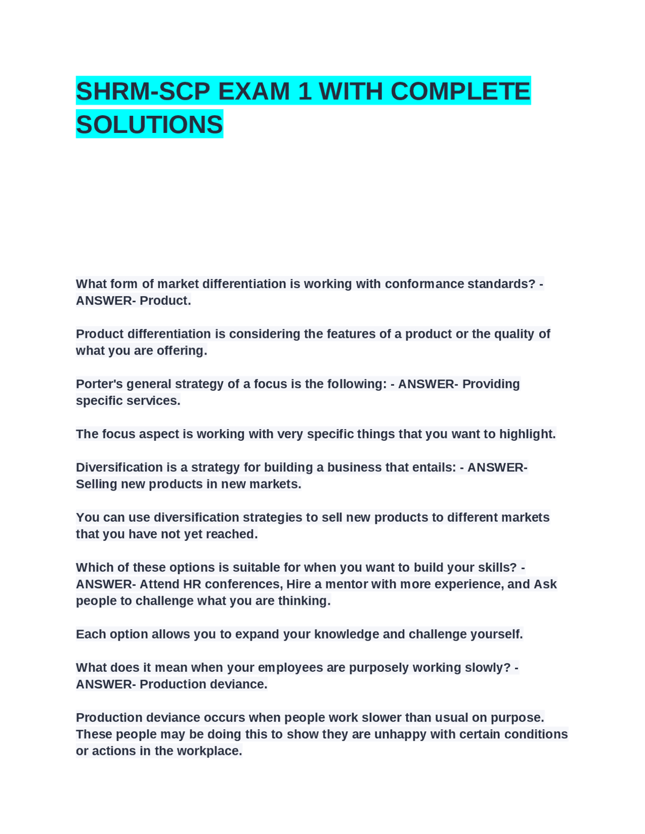 SHRM-SCP EXAM 1 WITH COMPLETE SOLUTIONS | Exams Medicine | Docsity