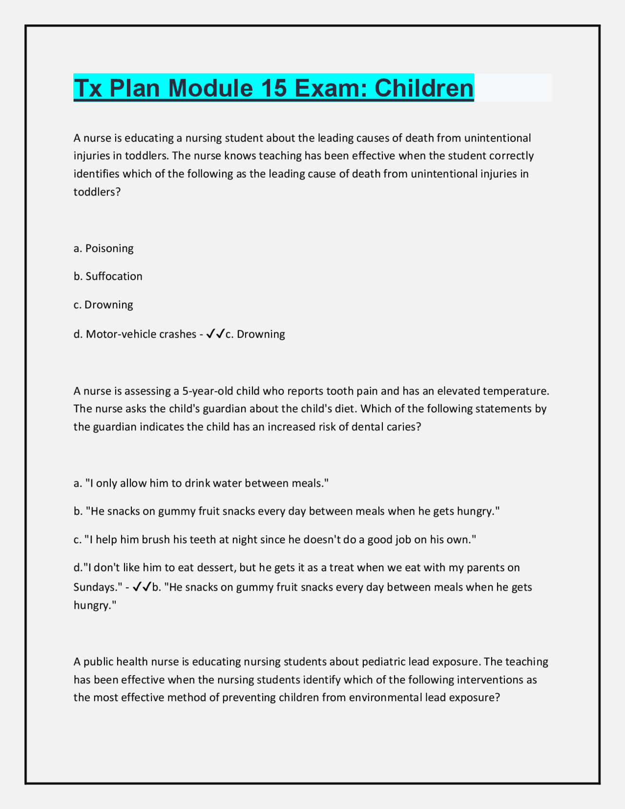 Tx Plan Module 15 Exam: Children with A+ graded Answers | Exams Nursing ...