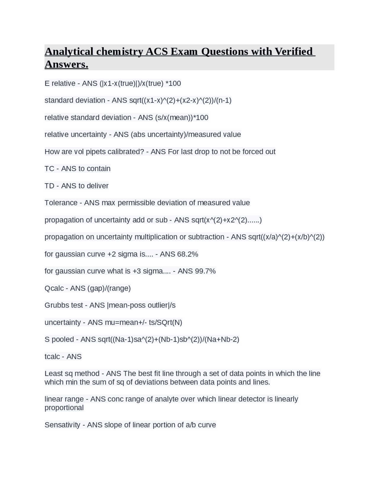 Analytical chemistry ACS Exam Questions with Verified Answers. | Exams ...