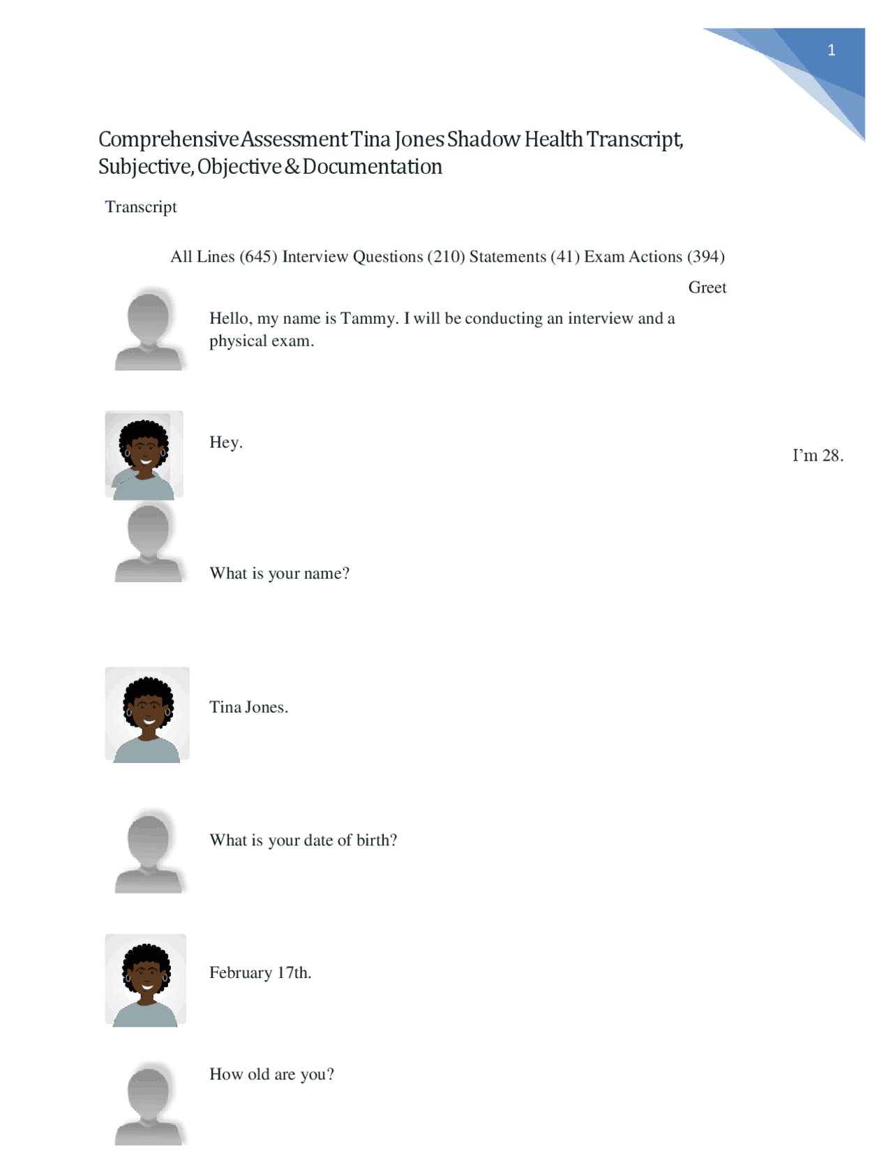 Comprehensive Assessment Tina Jones Shadow Health Transcript ...