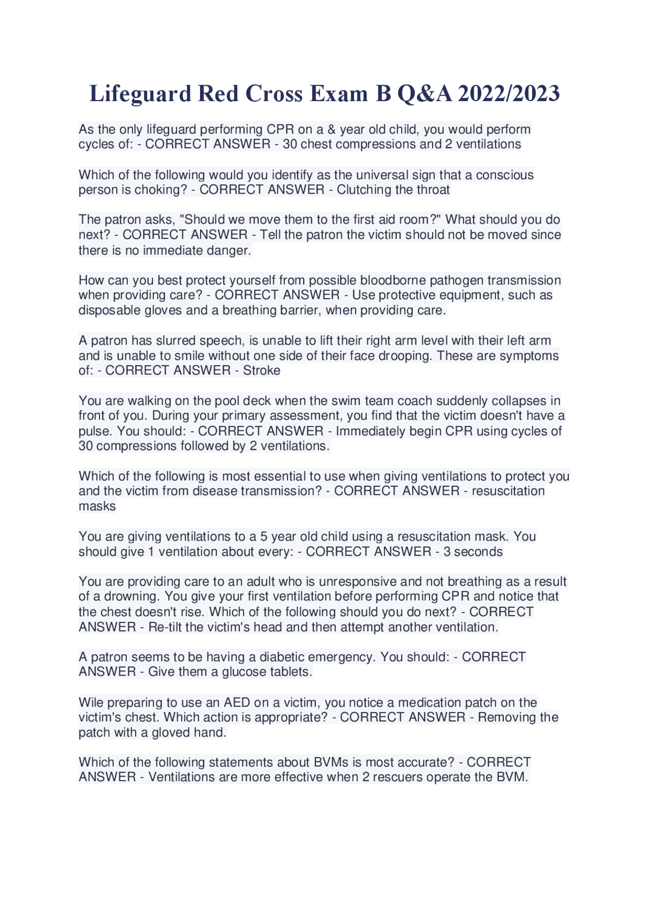 Lifeguard Red Cross Exam B Q&A 2022/2023 | Exams Community Health | Docsity