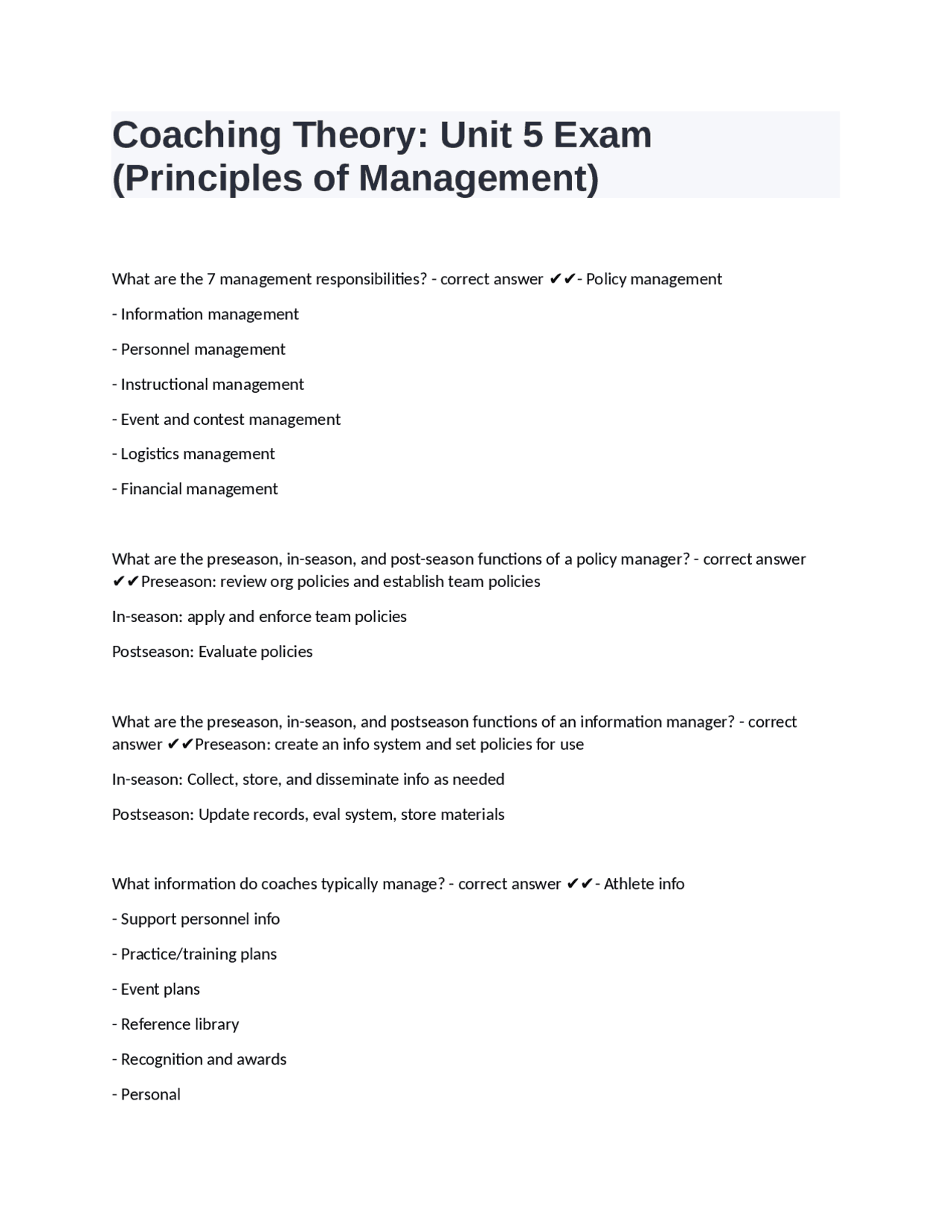 Coaching Theory: Unit 5 Exam (Principles of Management) | Exams Nursing ...