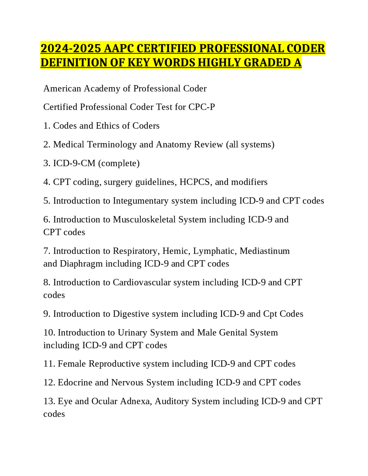 2024-2025 AAPC CERTIFIED PROFESSIONAL CODER DEFINITION OF KEY WORDS HIGHLY GRADED A | Exams ...