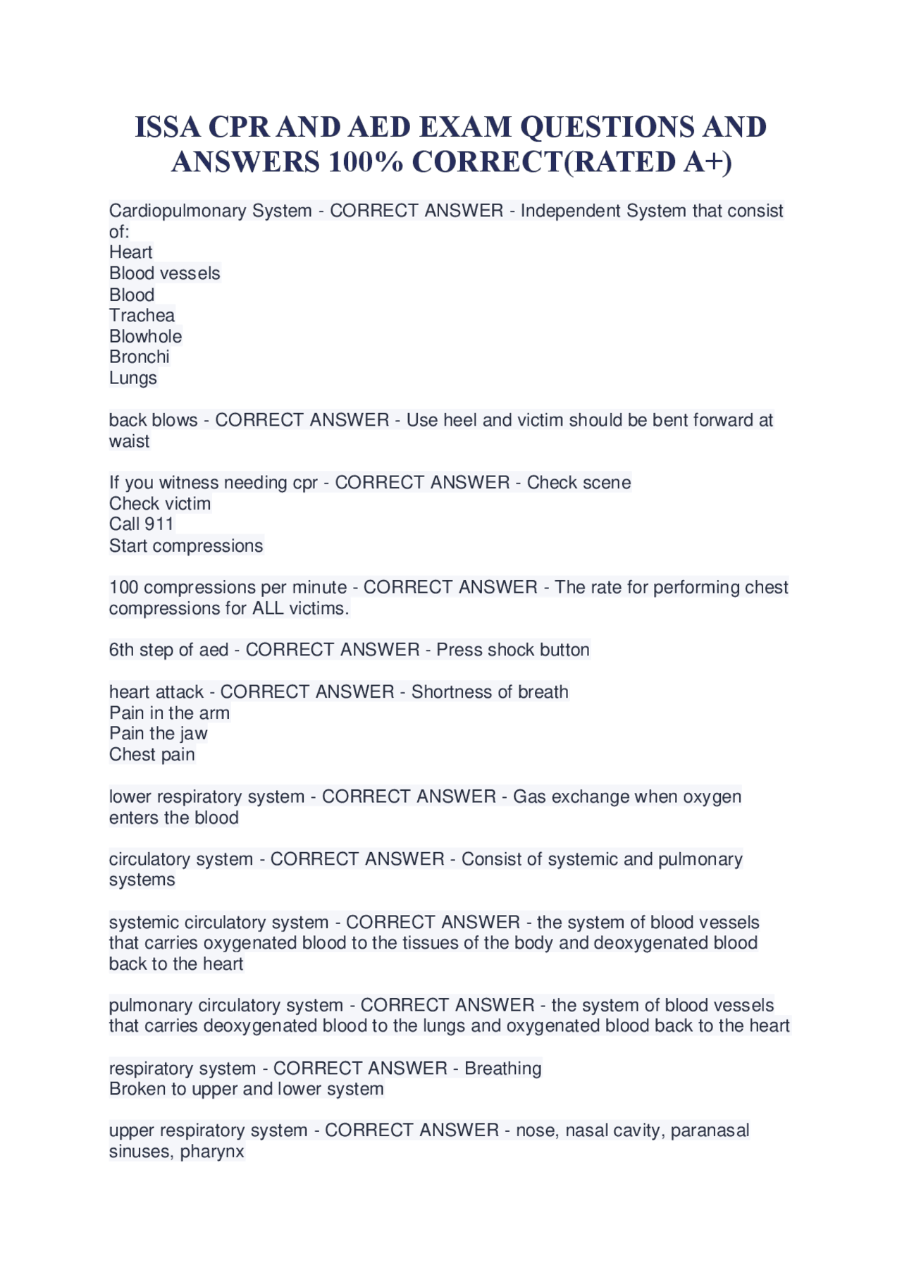 ISSA CPR AND AED EXAM QUESTIONS AND ANSWERS 100% CORRECT(RATED A+ ...