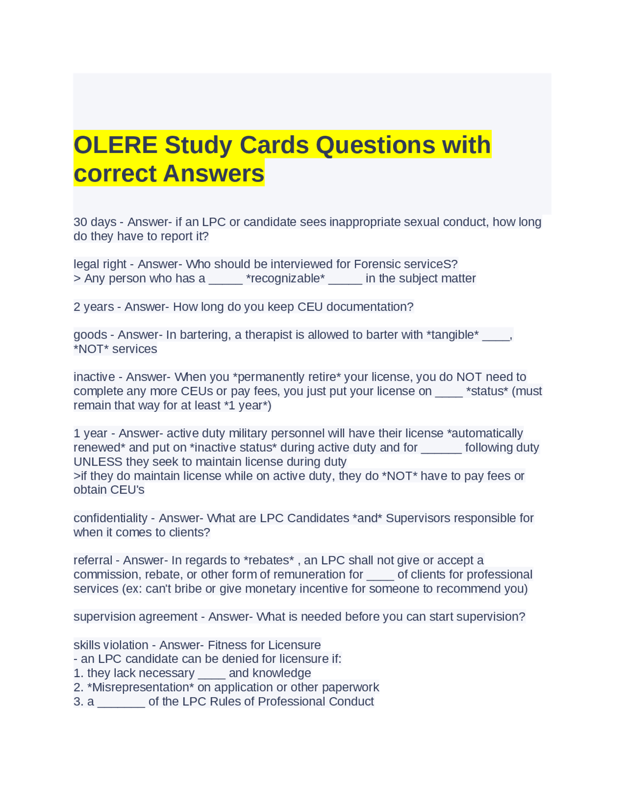 OLERE Study Cards Questions with correct Answers | Exams Nursing | Docsity