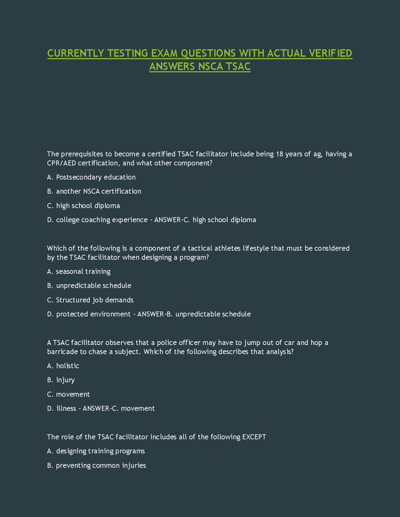 CURRENTLY TESTING EXAM QUESTIONS WITH ACTUAL VERIFIED ANSWERS NSCA TSAC ...