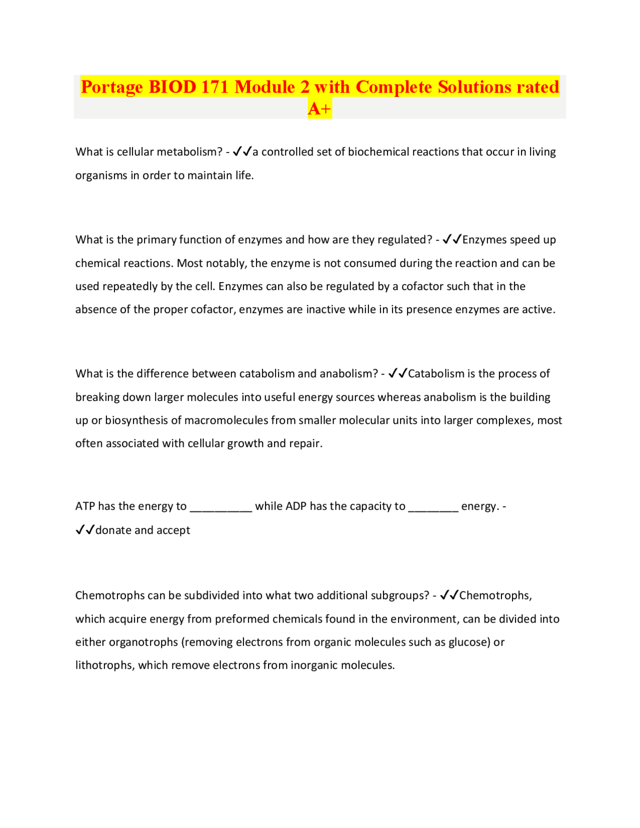 Portage BIOD 171 Module 2 with Complete Solutions rated A+ | Exams ...