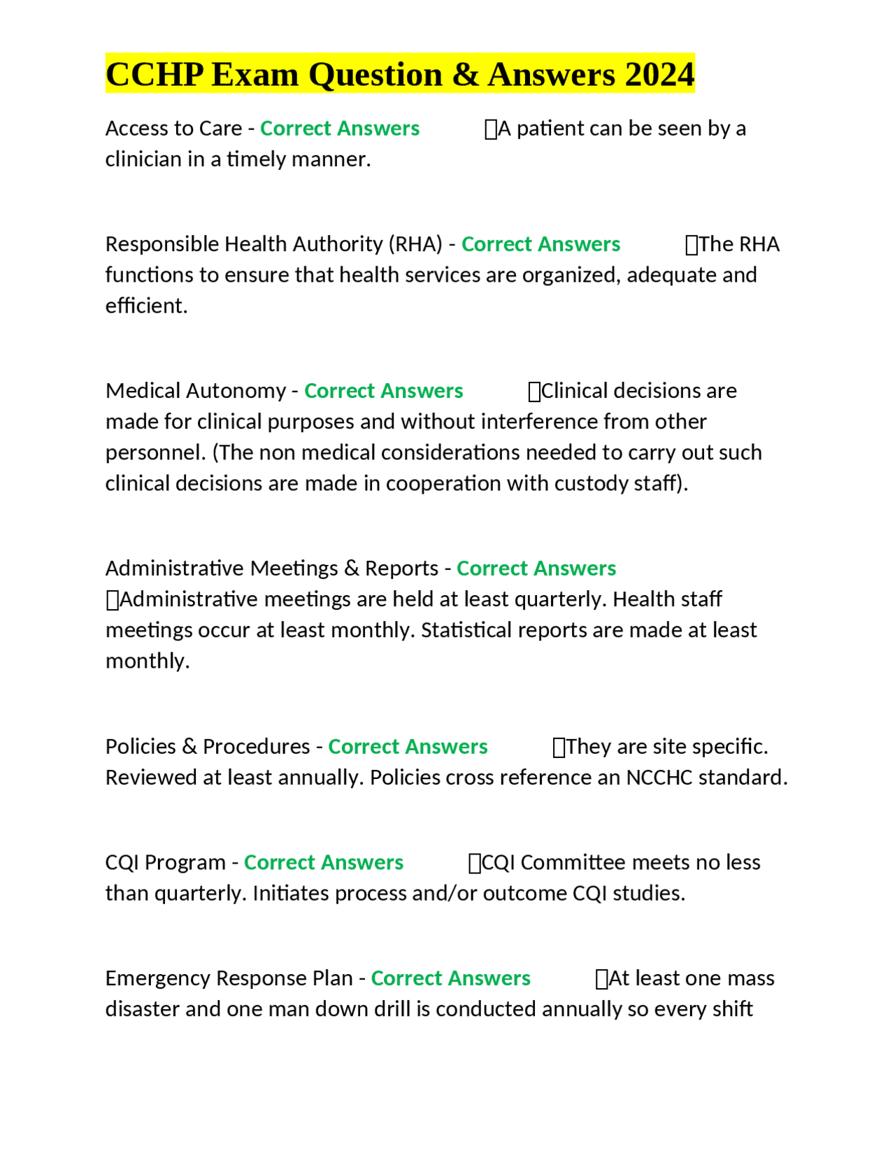 CCHP Exam Question & Answers 2024 | Exams Nursing | Docsity