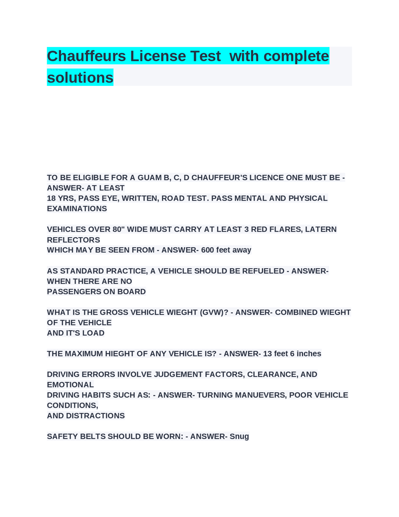 Chauffeurs License Test with complete solutions. | Exams Nursing | Docsity