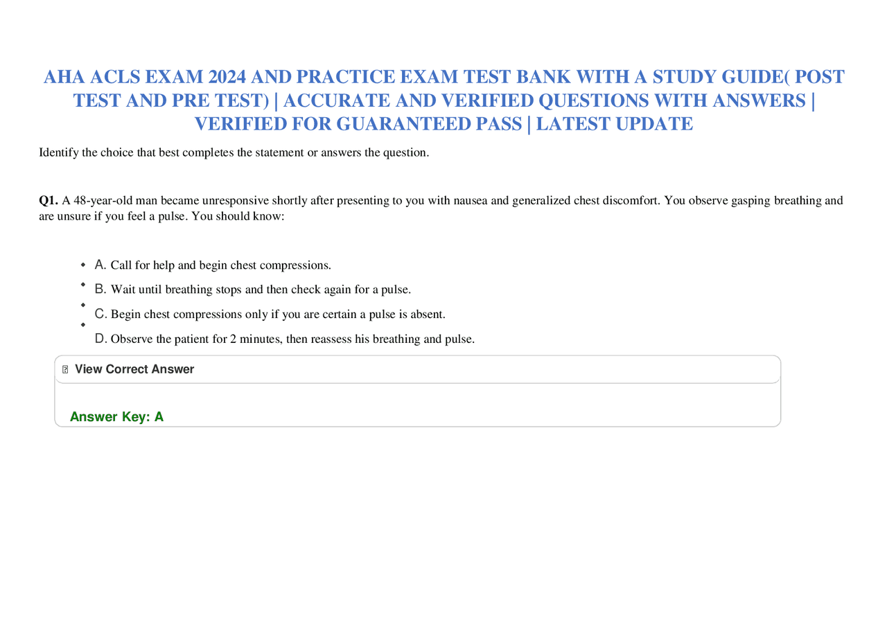 AHA ACLS EXAM 2024 AND PRACTICE EXAM TEST BANK | Exams Nursing | Docsity