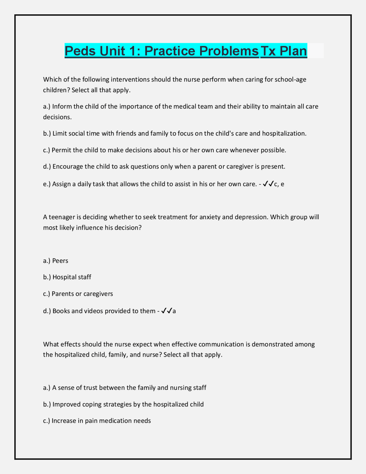 Peds Unit 1: Practice Problems Tx Plan | Exams Nursing | Docsity
