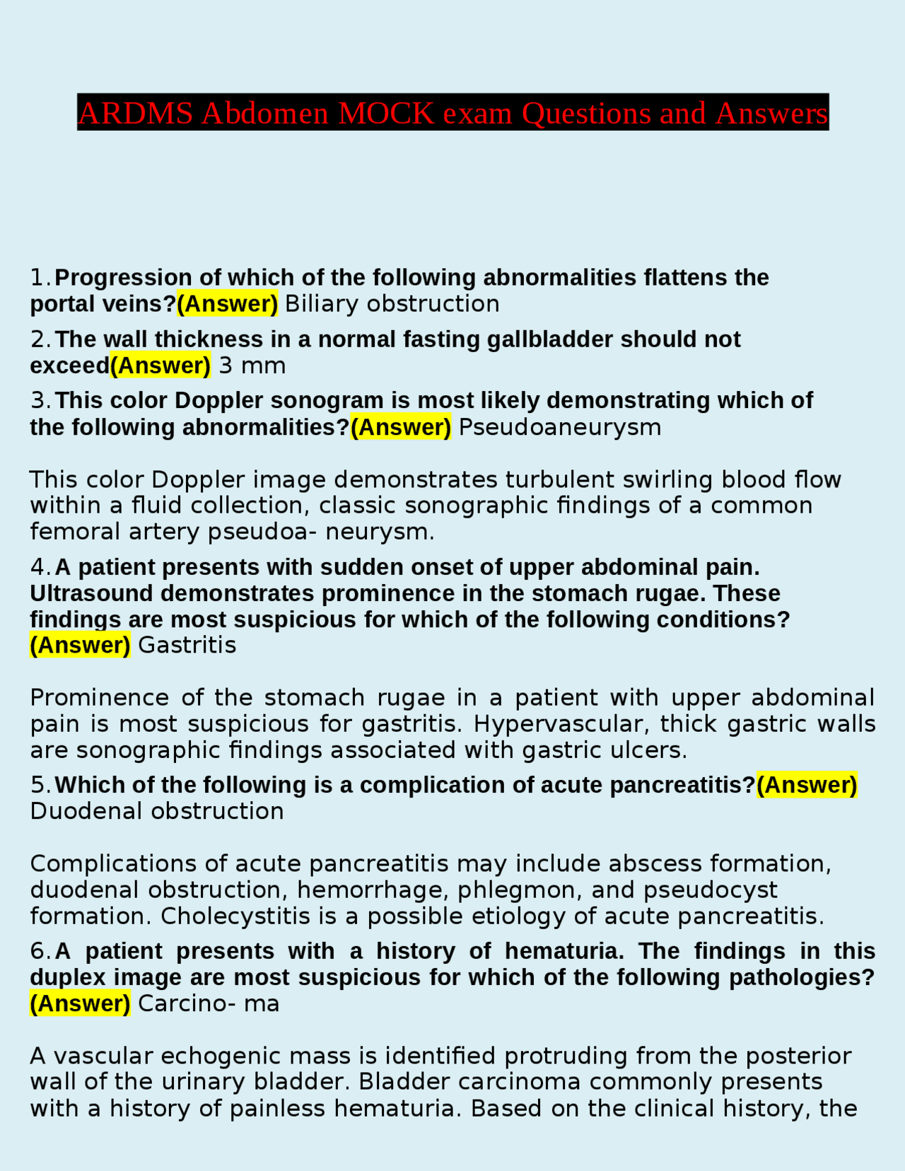 ARDMS Abdomen MOCK exam Questions and Answers (2024/2025) | Exams ...