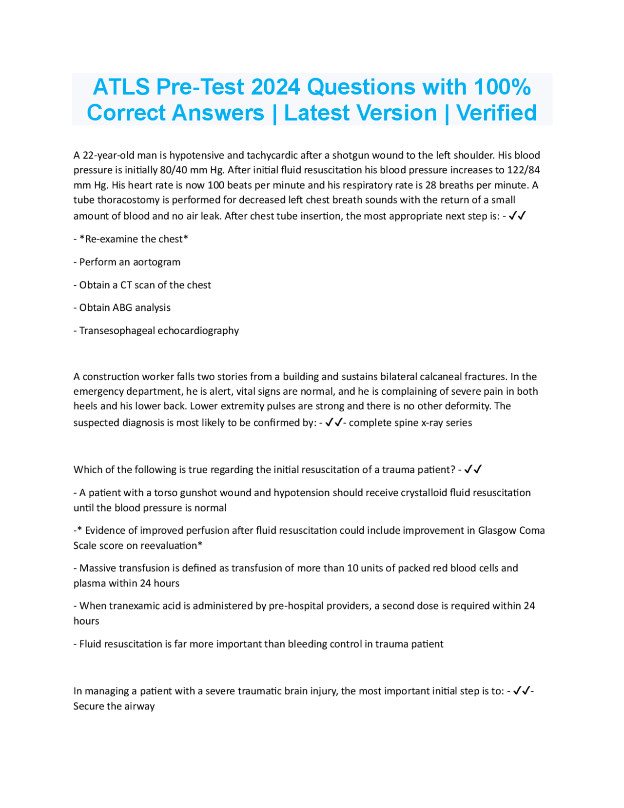 ATLS Pre-Test 2024 Questions with 100% Correct Answers | Latest Version ...