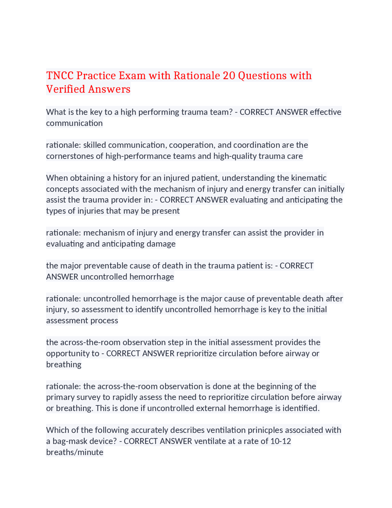 TNCC Practice Exam with Rationale 20 Questions with Verified Answers ...