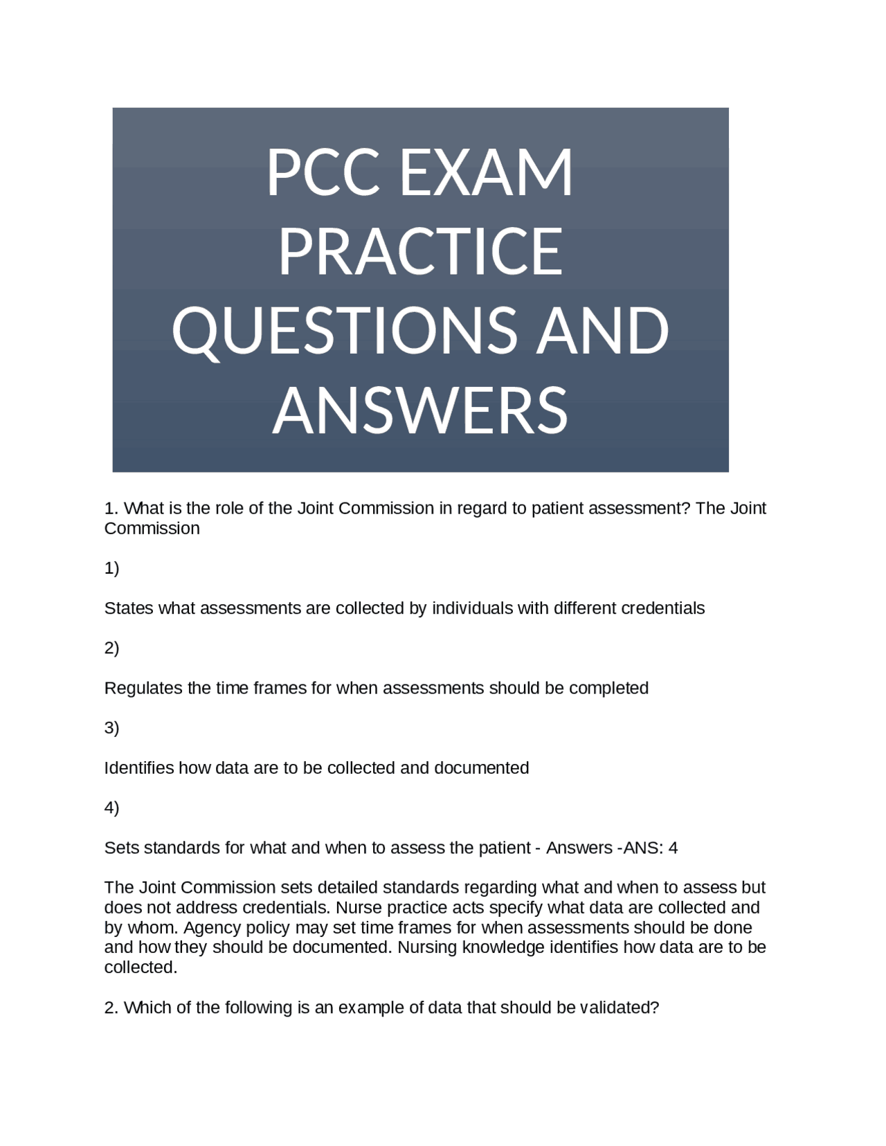 PCC EXAM PRACTICE QUESTIONS AND ANSWERS | Exams Nursing | Docsity