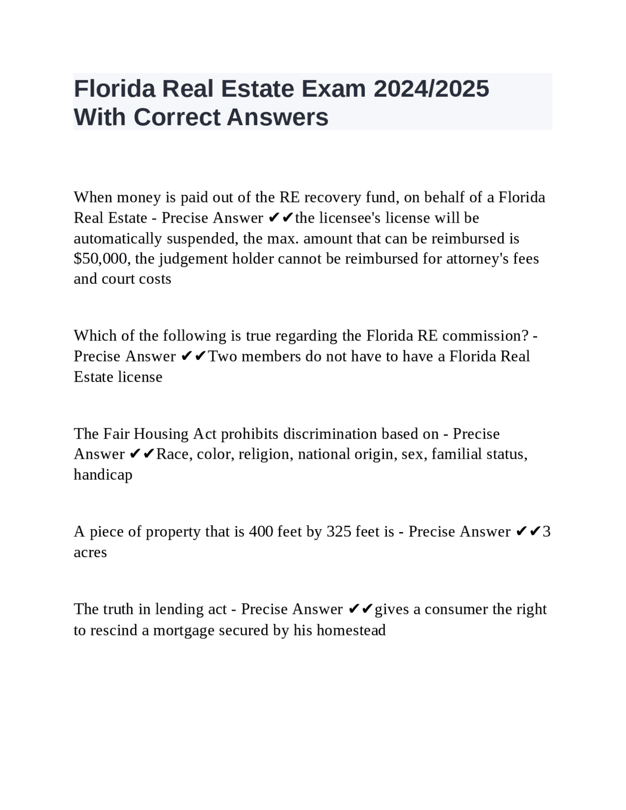Florida Real Estate Exam 2024/2025 With Correct Answers | Exams Nursing ...