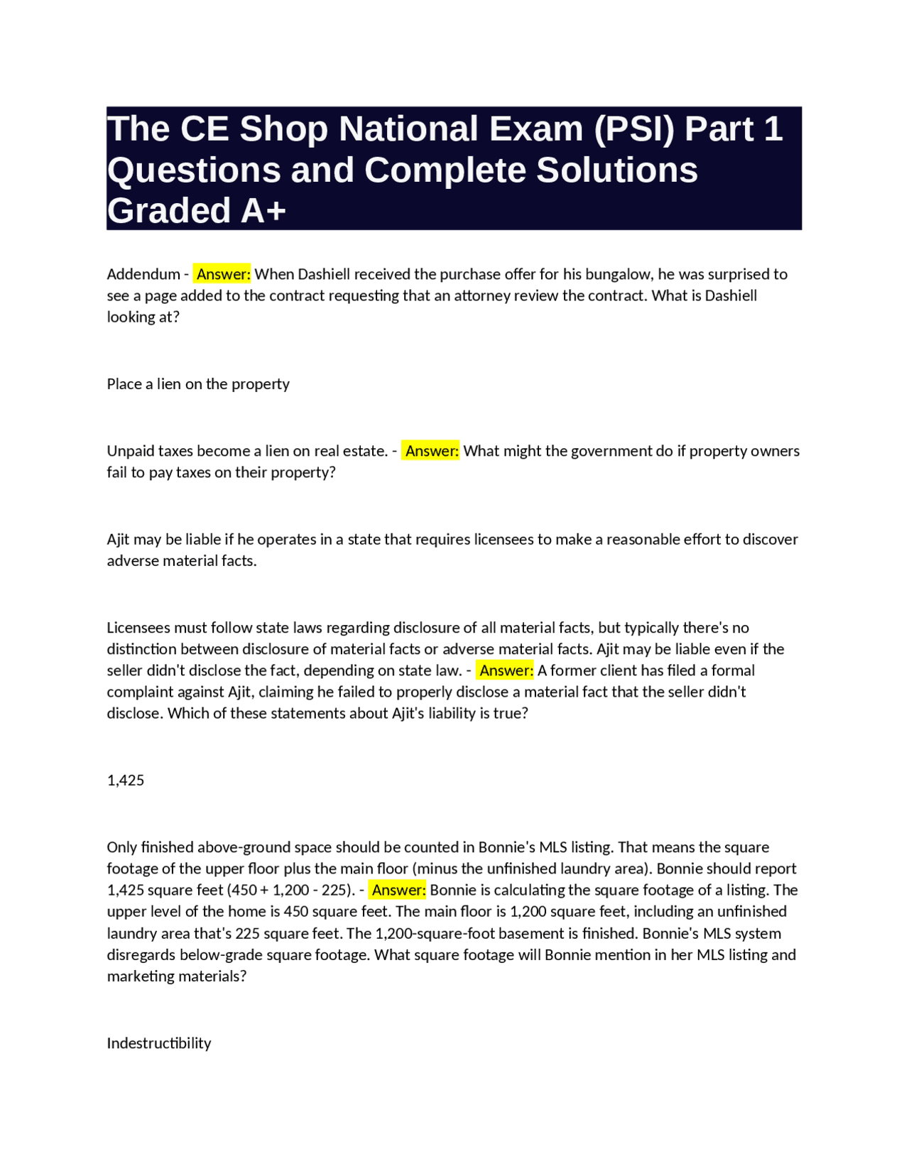 The CE Shop National Exam (PSI) Part 1 Questions and Complete Solutions ...