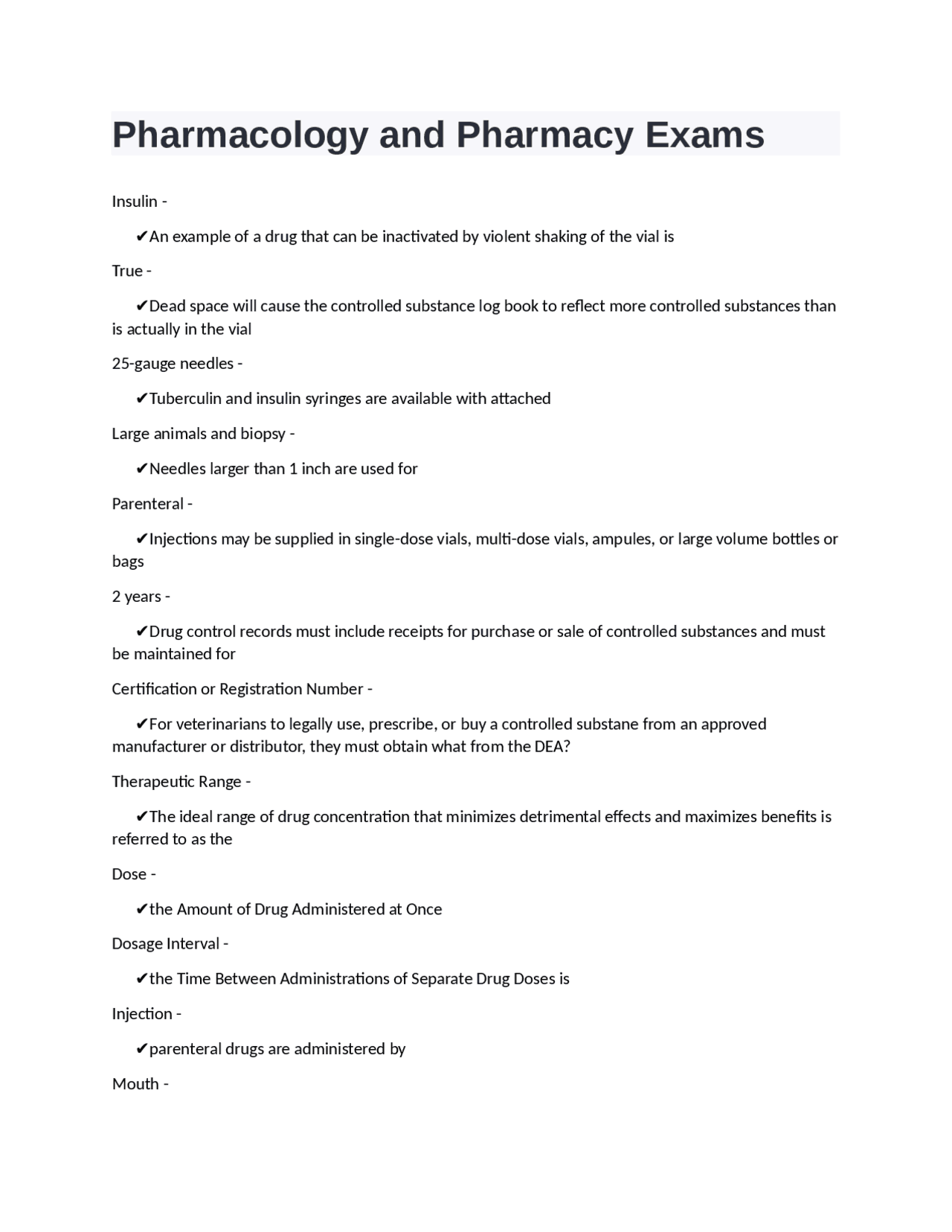 Pharmacology and Pharmacy Exams | Exams Pharmacology | Docsity