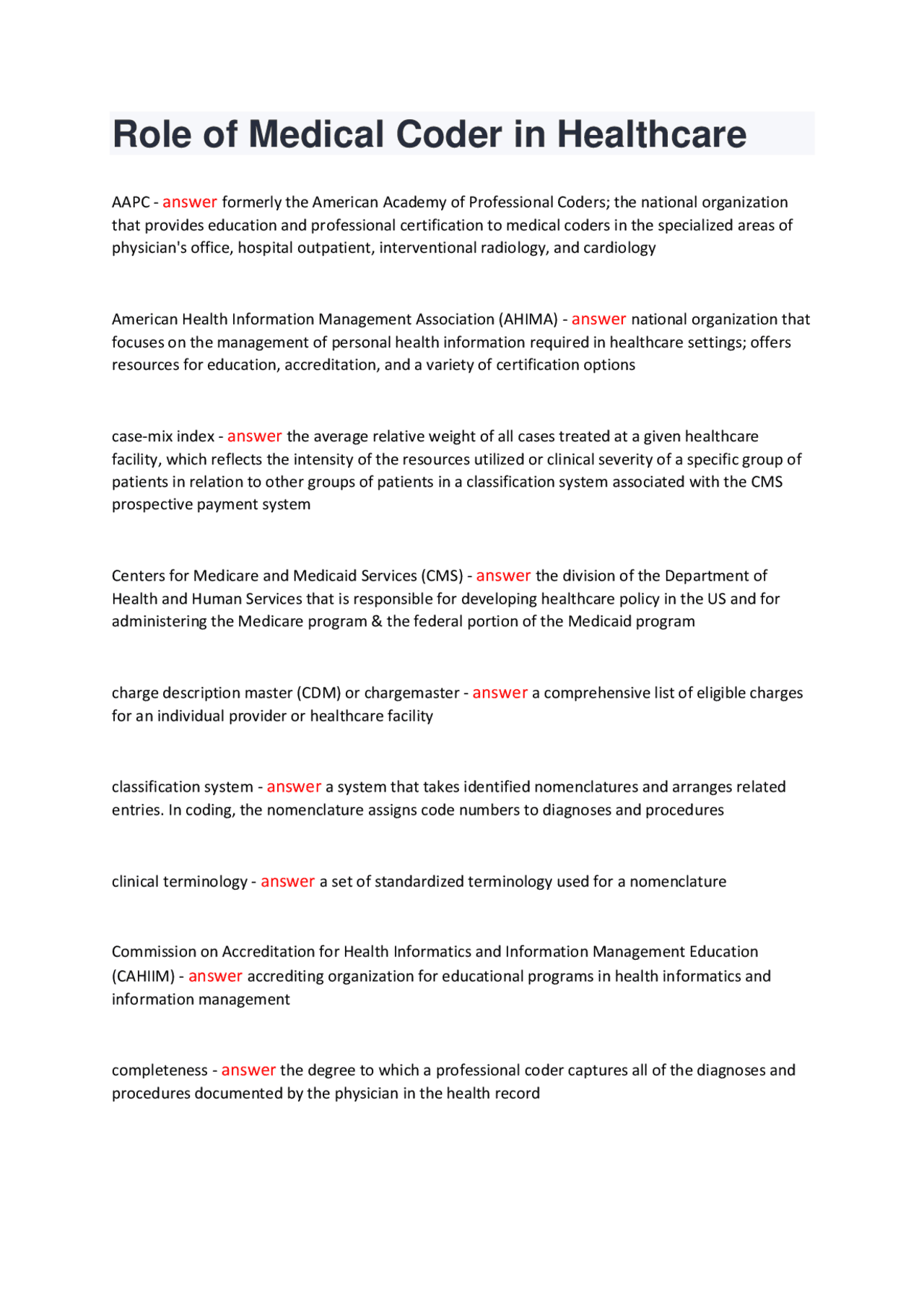 Role of Medical Coder in Healthcare | Exams Health sciences | Docsity