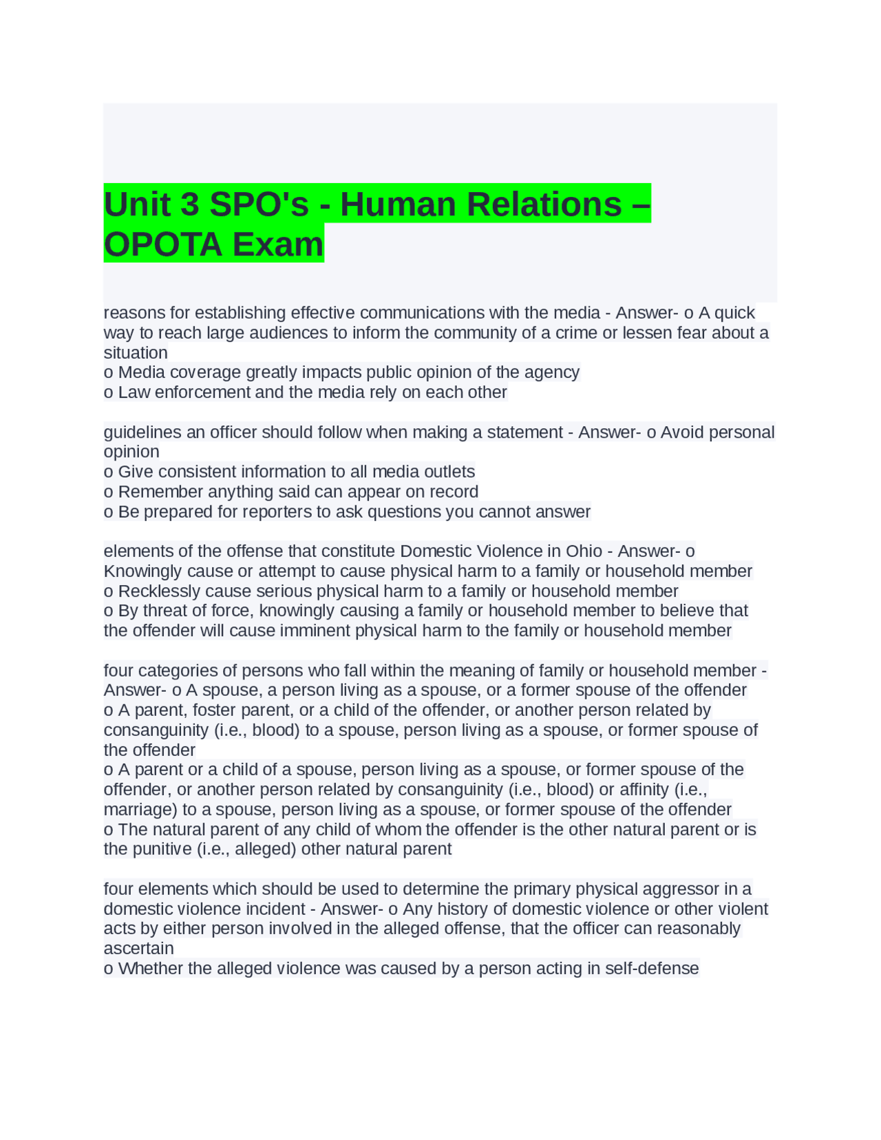 Unit 3 SPO's - Human Relations – OPOTA Exam 2024 Questions and Answers ...