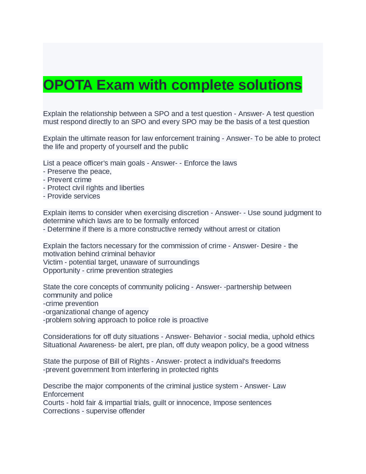 OPOTA Exam with complete solutions | Exams Nursing | Docsity
