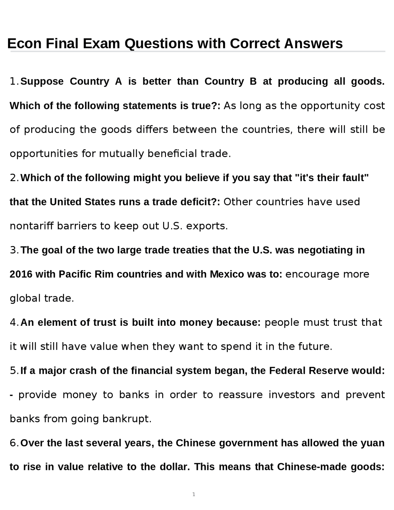 Econ Final Exam Questions with Correct Answers | Exams Economics | Docsity