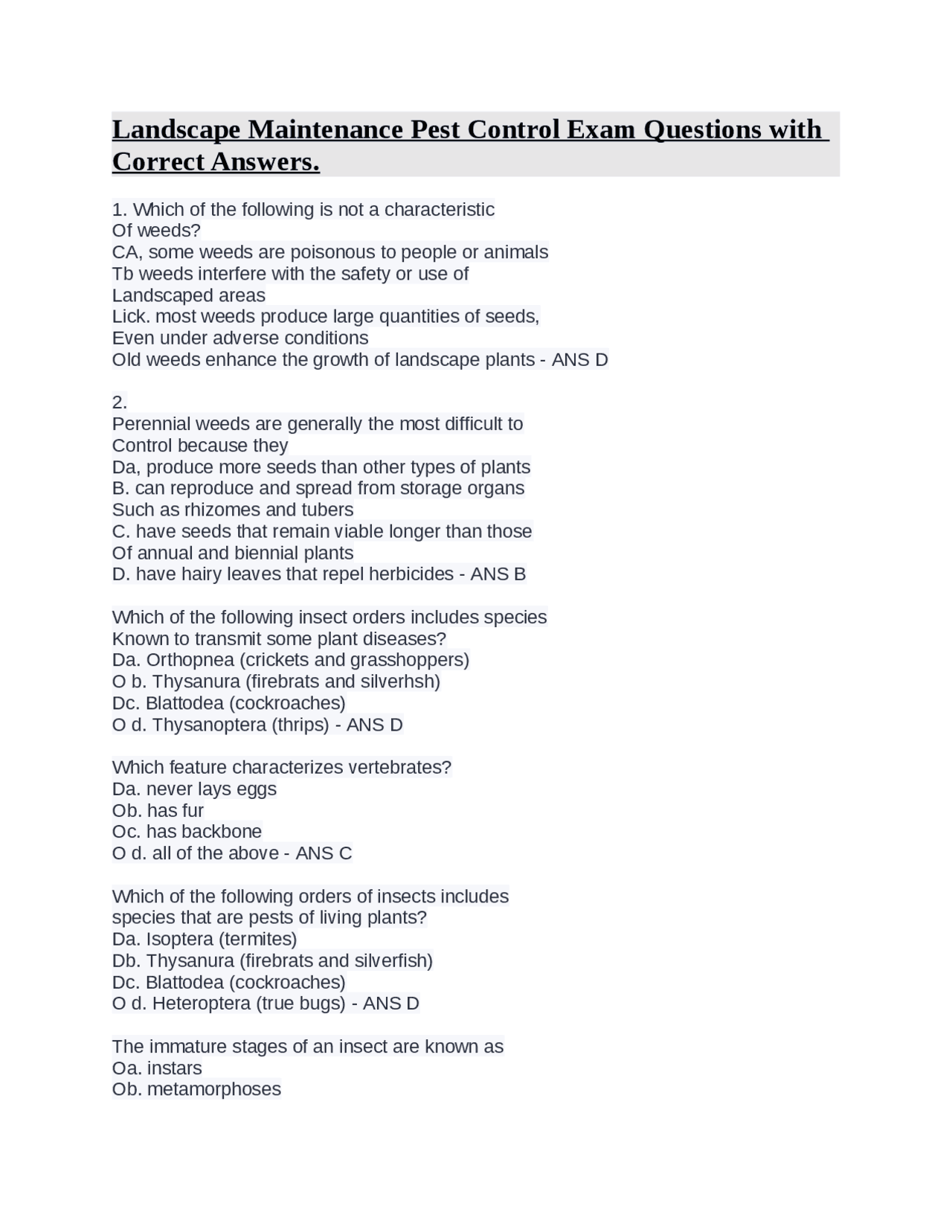 Landscape Maintenance Pest Control Exam Questions with Correct Answers ...