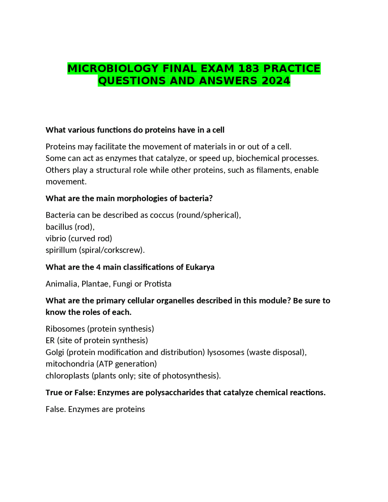 MICROBIOLOGY FINAL EXAM 183 PRACTICE QUESTIONS AND ANSWERS 2024 | Exams Biology | Docsity