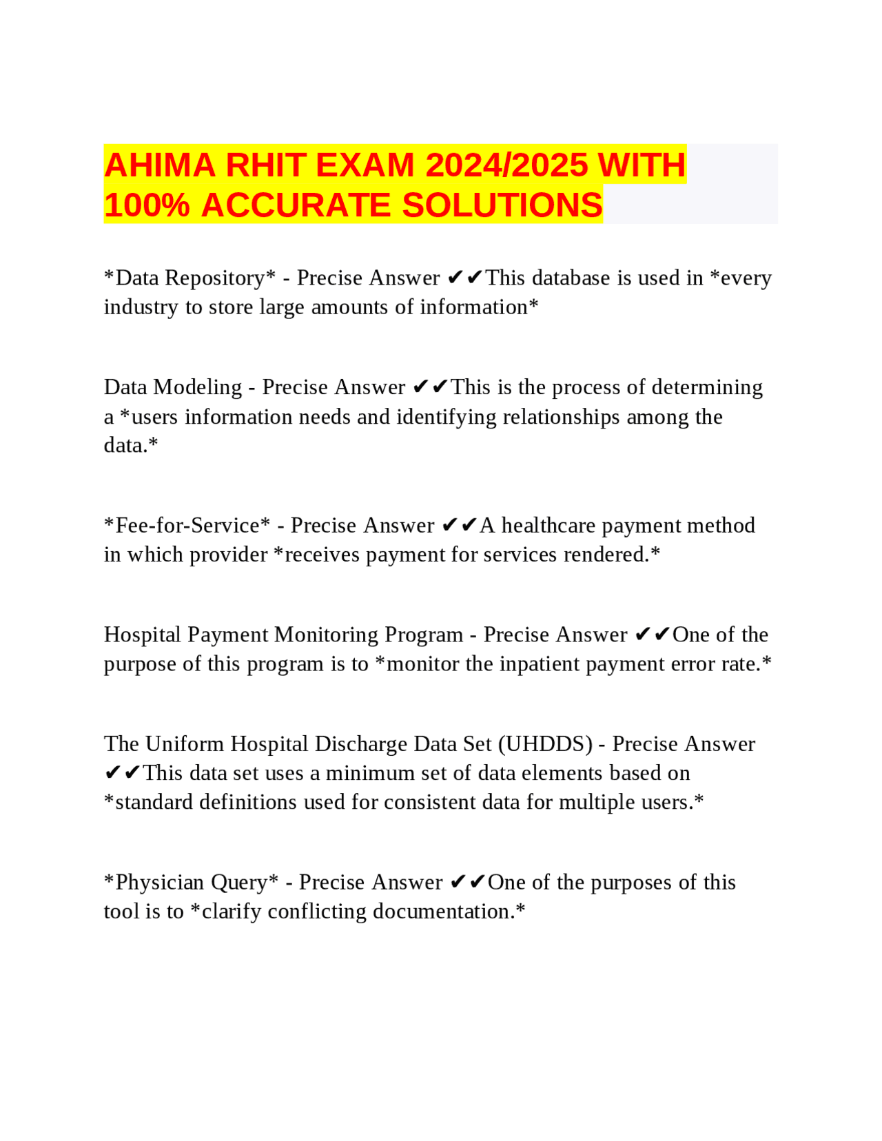 AHIMA RHIT EXAM 2024/2025 WITH 100% ACCURATE SOLUTIONS | Exams Nursing ...