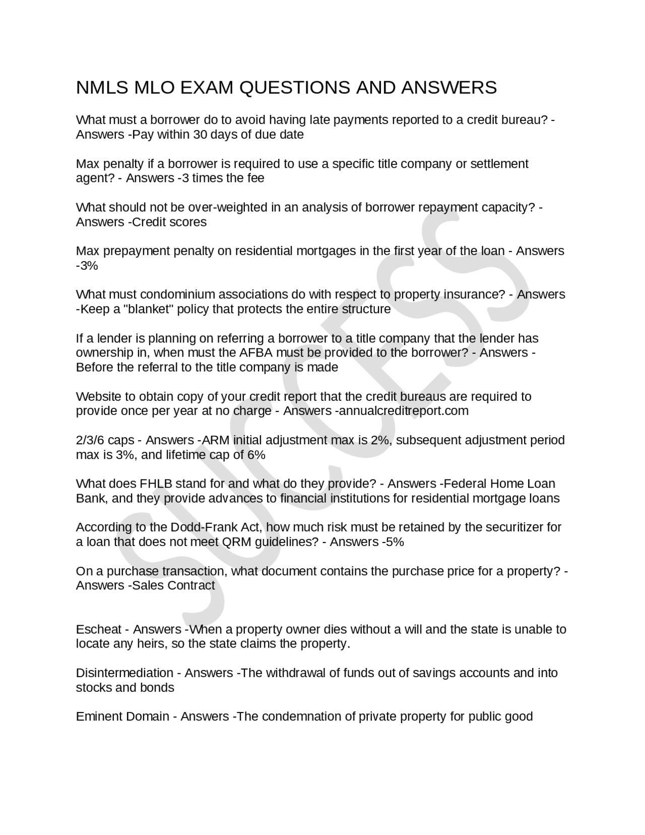 NMLS MLO EXAM QUESTIONS AND ANSWERS | Exams Civil Law | Docsity