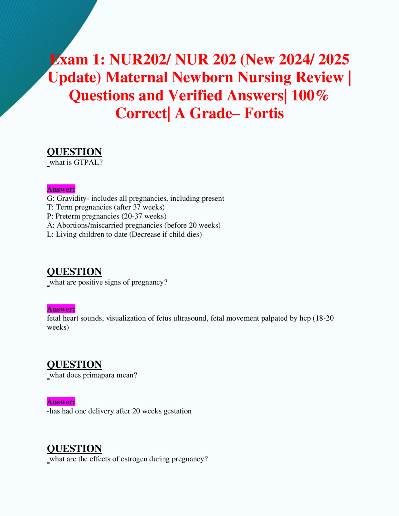 Exam 1: NUR202/ NUR 202 (New 2024/ 2025 Update) Maternal Newborn ...