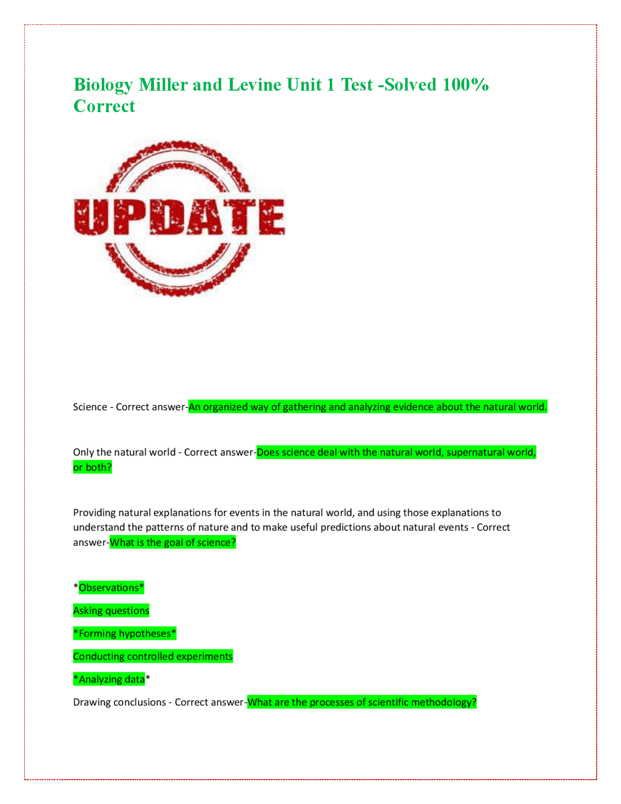 Biology Miller and Levine Unit 1 Test -Solved 100% Correc | Exams ...