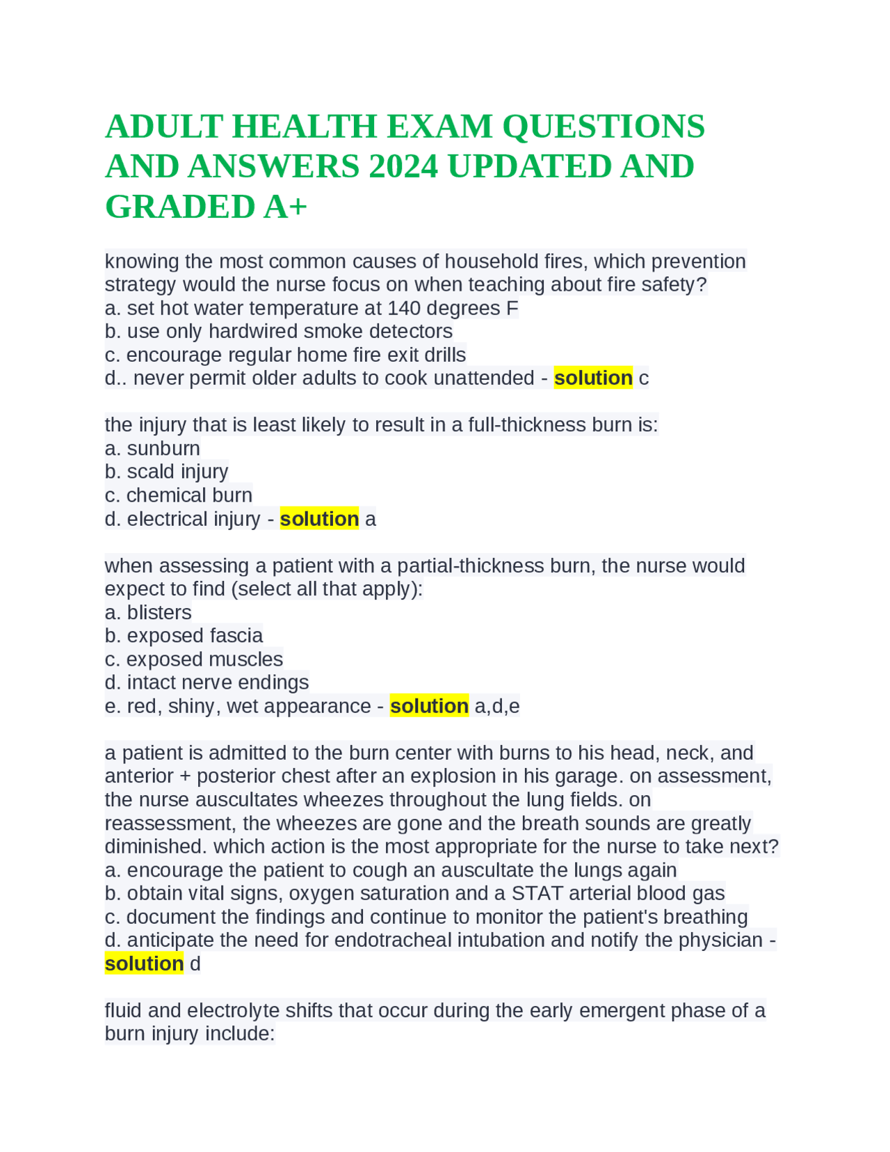 ADULT HEALTH EXAM QUESTIONS AND ANSWERS 2024 UPDATED AND GRADED A+ ...