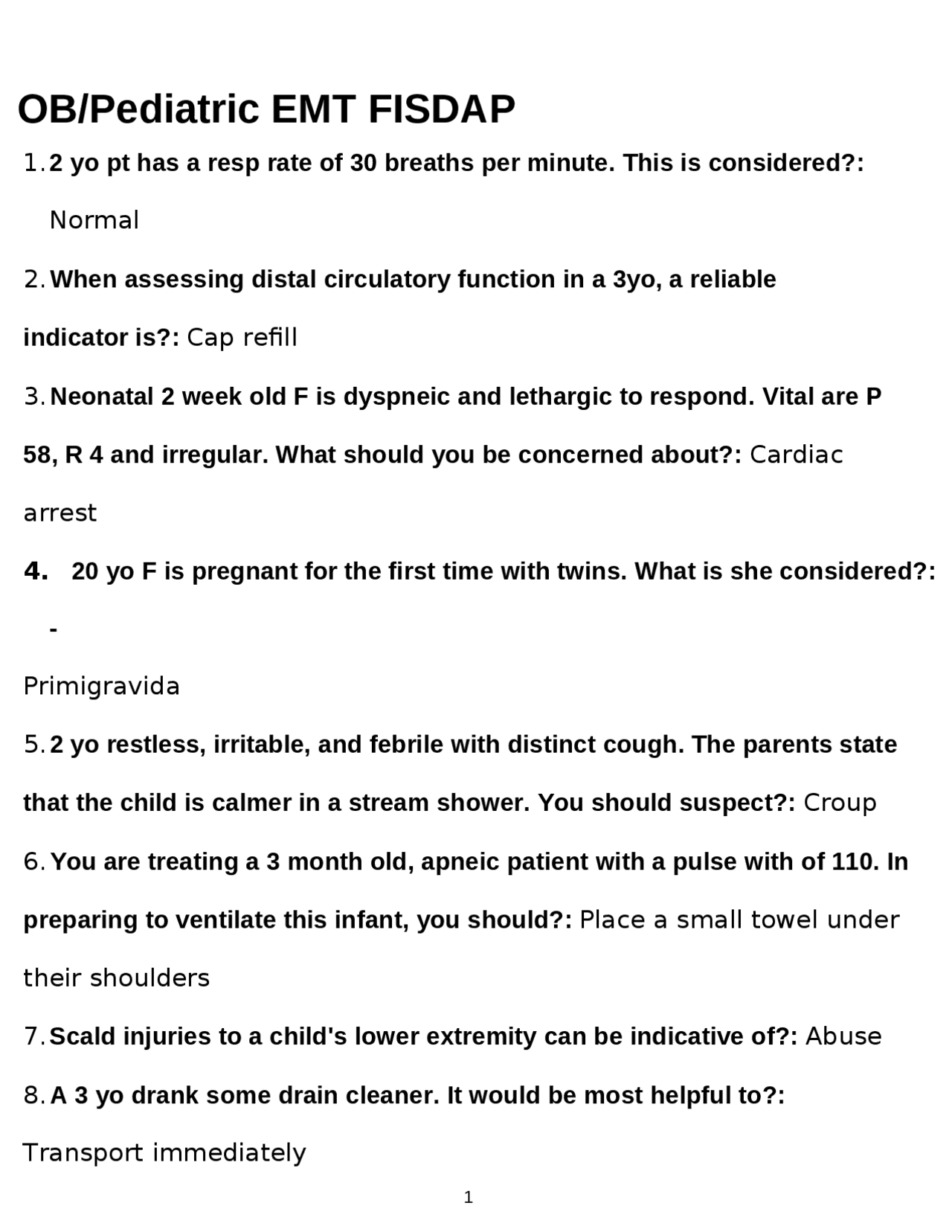 OB/Pediatric EMT FISDAP | Exams Obstetrics | Docsity