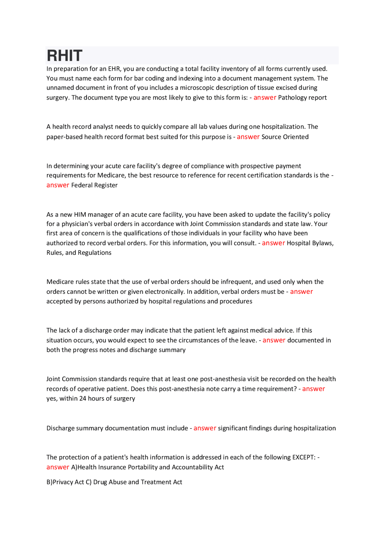 RHIT ACTUAL EXAM QUESTIONS AND ANSWERS | Exams Health sciences | Docsity