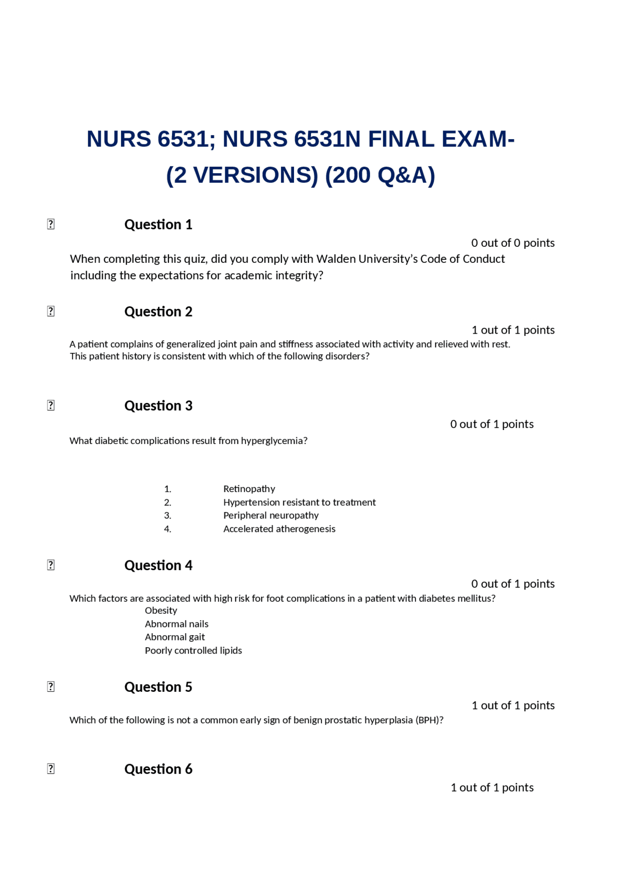 NURS 6551 FINAL EXAM QUESTION BANK 2024/2025 UPDATED VERIFIED EXAM SETS | Exams Nursing | Docsity