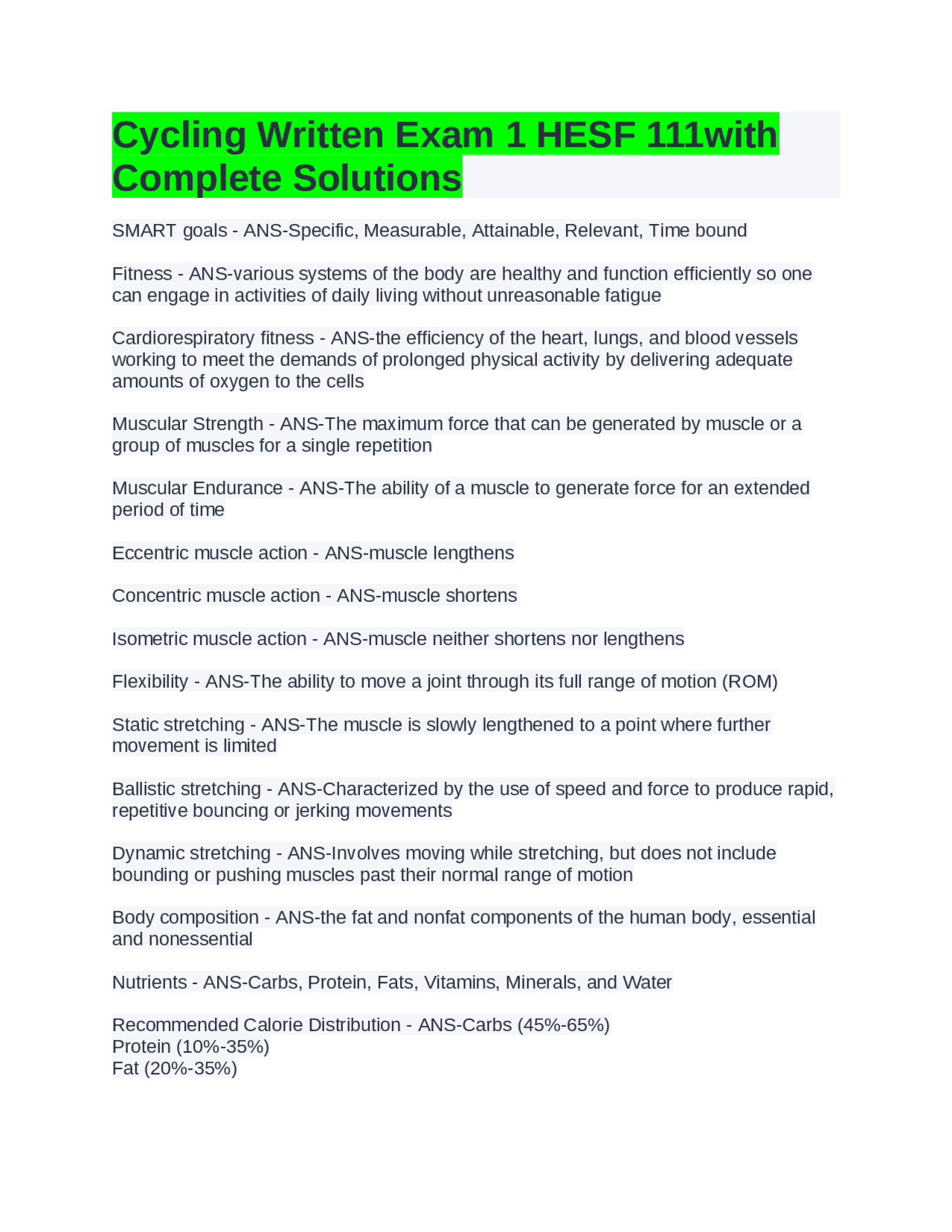 Cycling Written Exam 1 HESF 111with Complete Solutions | Exams Sport ...