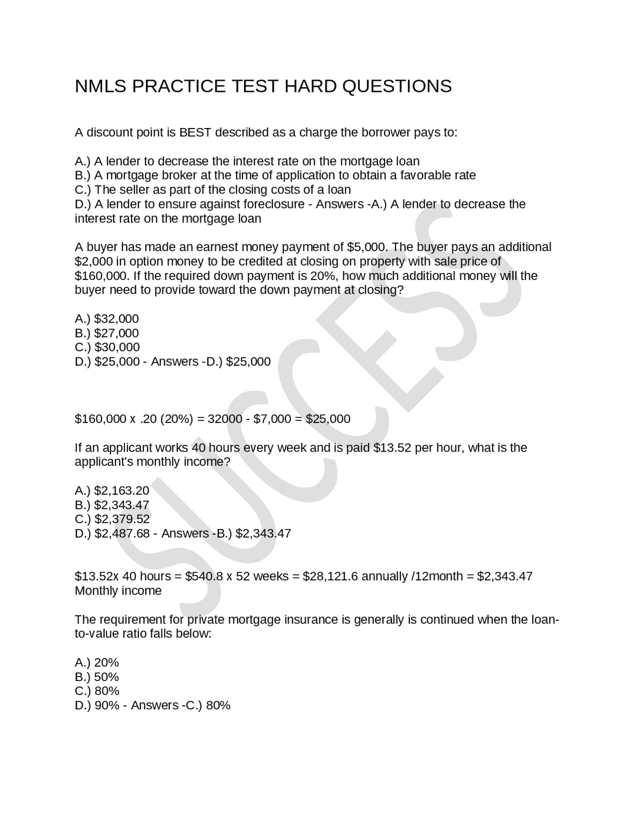 NMLS PRACTICE TEST HARD QUESTIONS | Exams Civil Law | Docsity