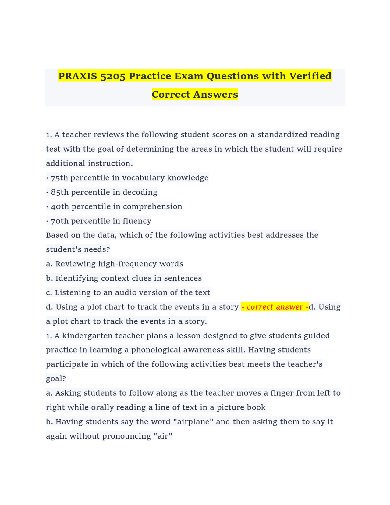 PRAXIS 5205 Practice Exam Questions with Verified Correct Answers ...