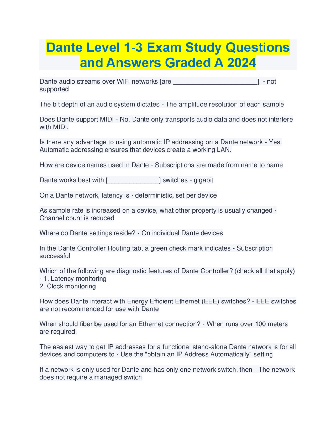 Dante Level 1-3 Exam Study Questions and Answers Graded A 2024 | Exams ...
