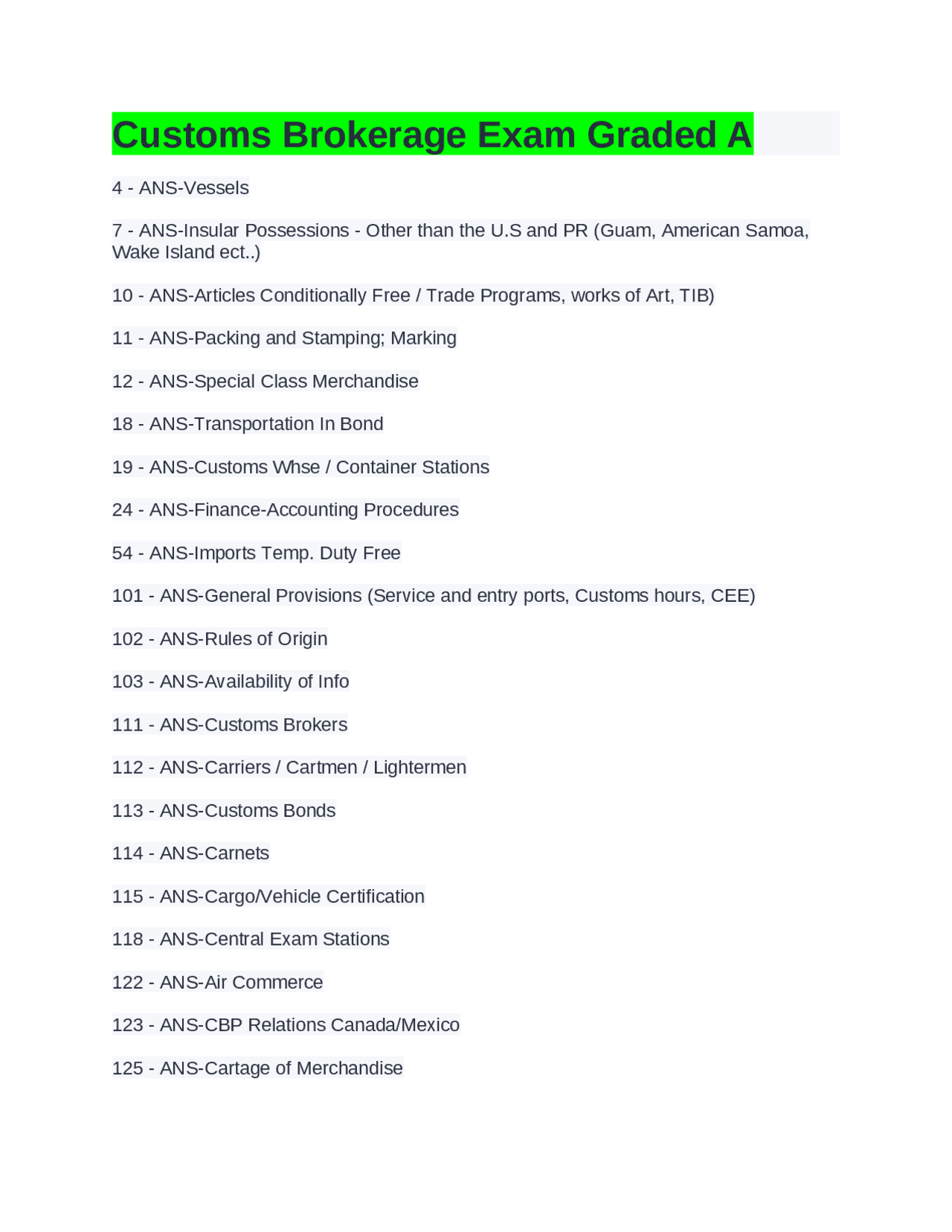Customs Brokerage Exam Graded A | Exams Business Administration | Docsity