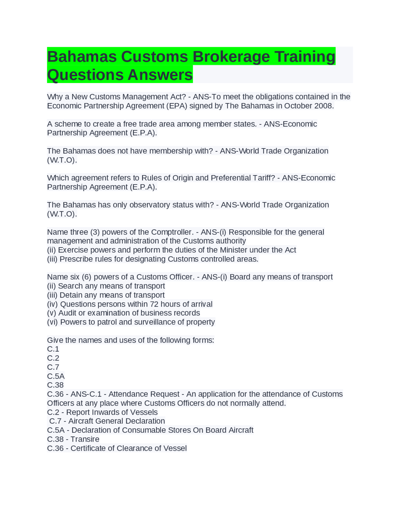 Bahamas Customs Brokerage Training Questions Answers | Exams Business ...