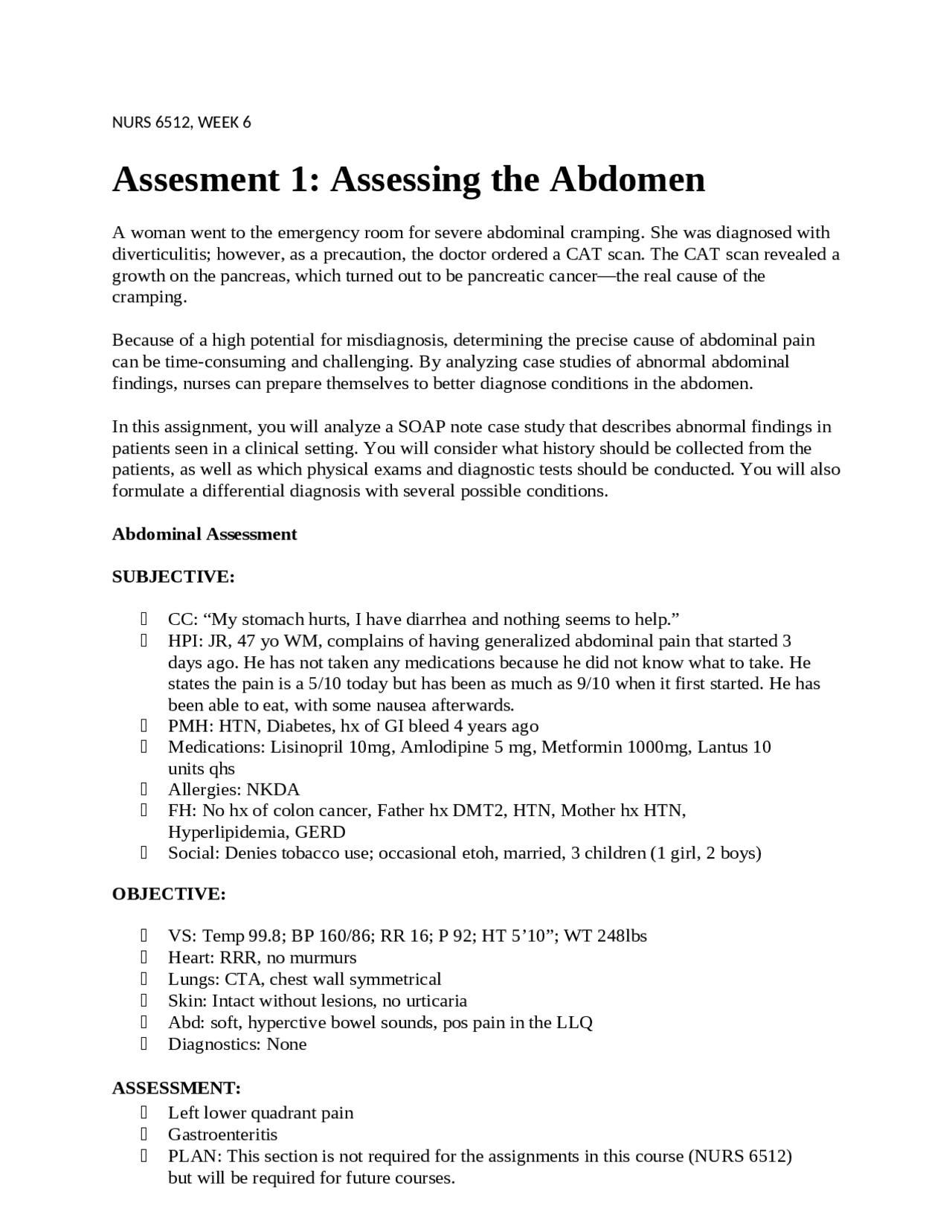 DNRS 6512F-16 Week 6 Lab Assignment; Assessing the Abdomen | Papers Nursing | Docsity