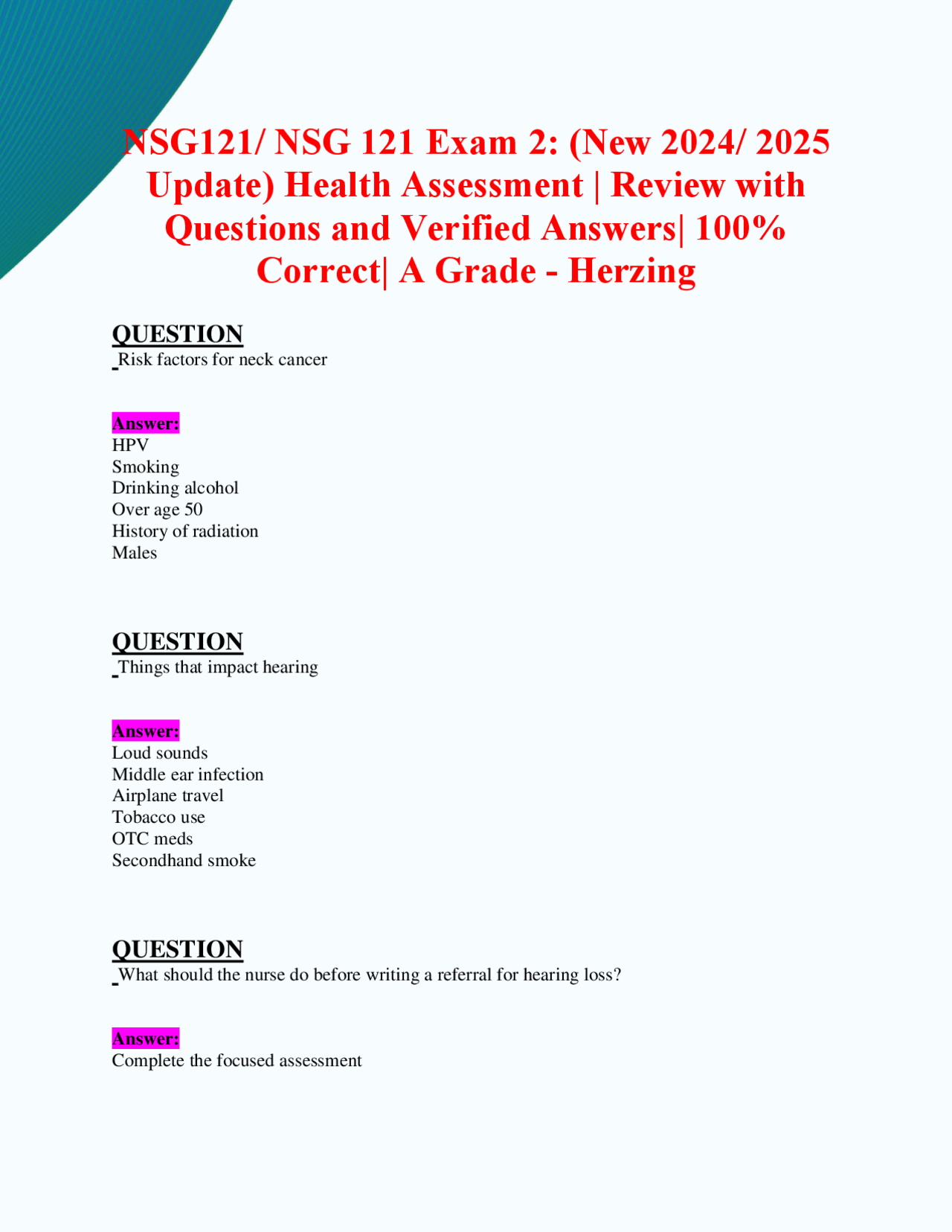 NSG121/ NSG 121 Exam 2: (New 2024/ 2025 Update) Health Assessment ...