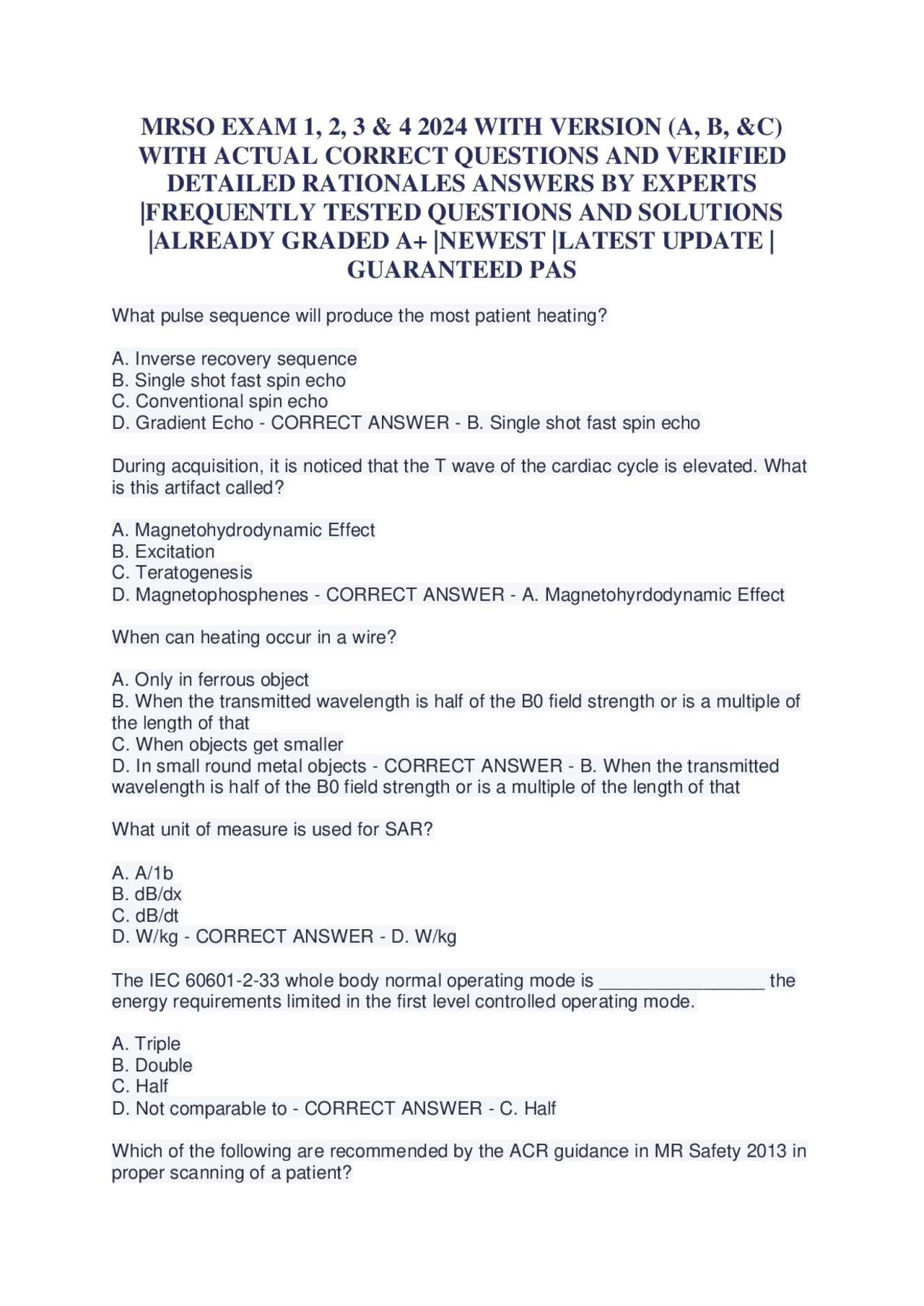 MRSO EXAM 1, 2, 3 & 4 2024 WITH VERSION (A, B, &C) WITH ACTUAL CORRECT ...