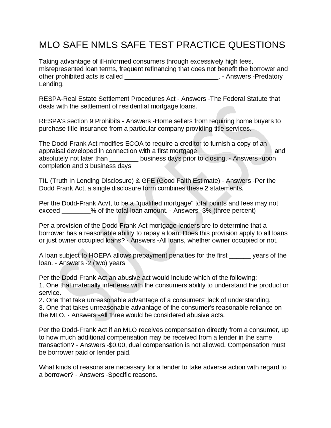 MLO SAFE NMLS SAFE TEST PRACTICE QUESTIONS | Exams Civil Law | Docsity