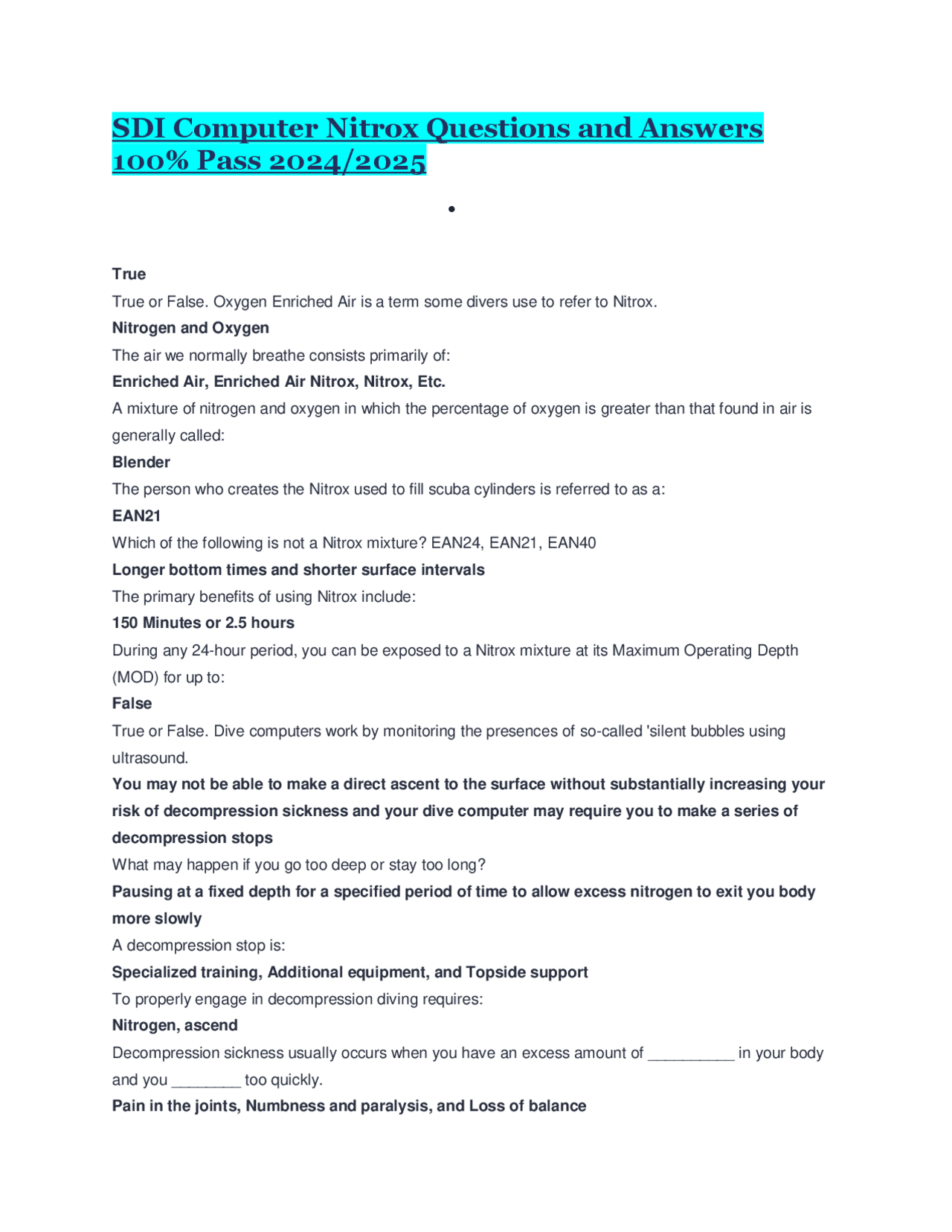 SDI Computer Nitrox Questions and Answers 100% Pass 2024/2025 | Exams ...