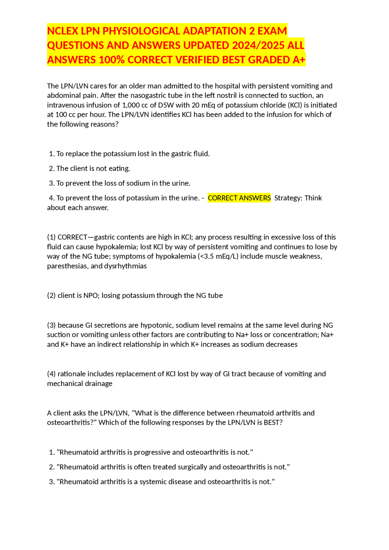 NCLEX LPN PHYSIOLOGICAL ADAPTATION 2 EXAM QUESTIONS AND ANSWERS UPDATED ...