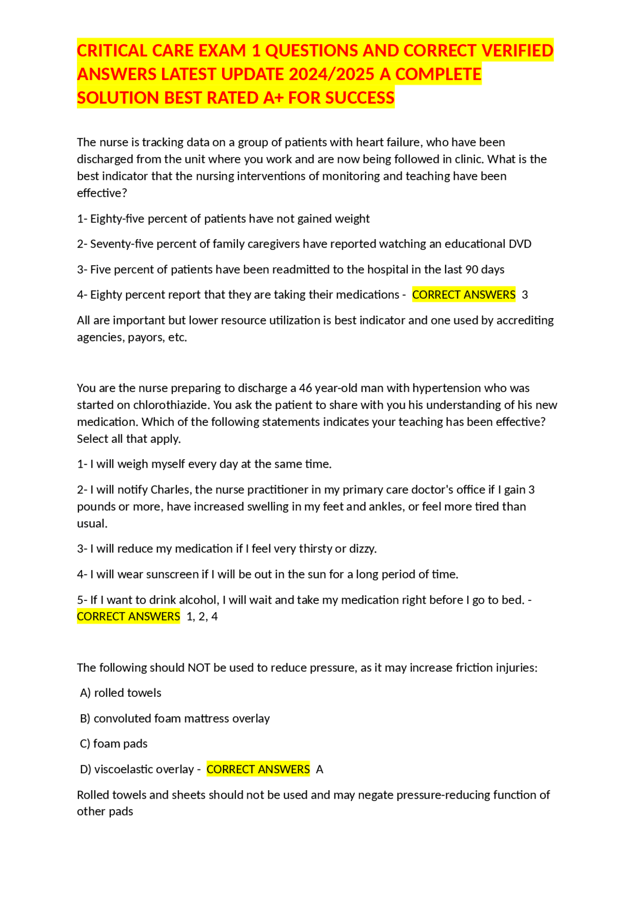 CRITICAL CARE EXAM 1 QUESTIONS AND CORRECT VERIFIED ANSWERS LATEST ...